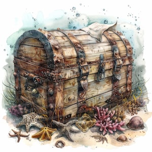 Treasure Chest Clipart, 12 Jpgs, Marine Sea Ocean, Printable Watercolor ...