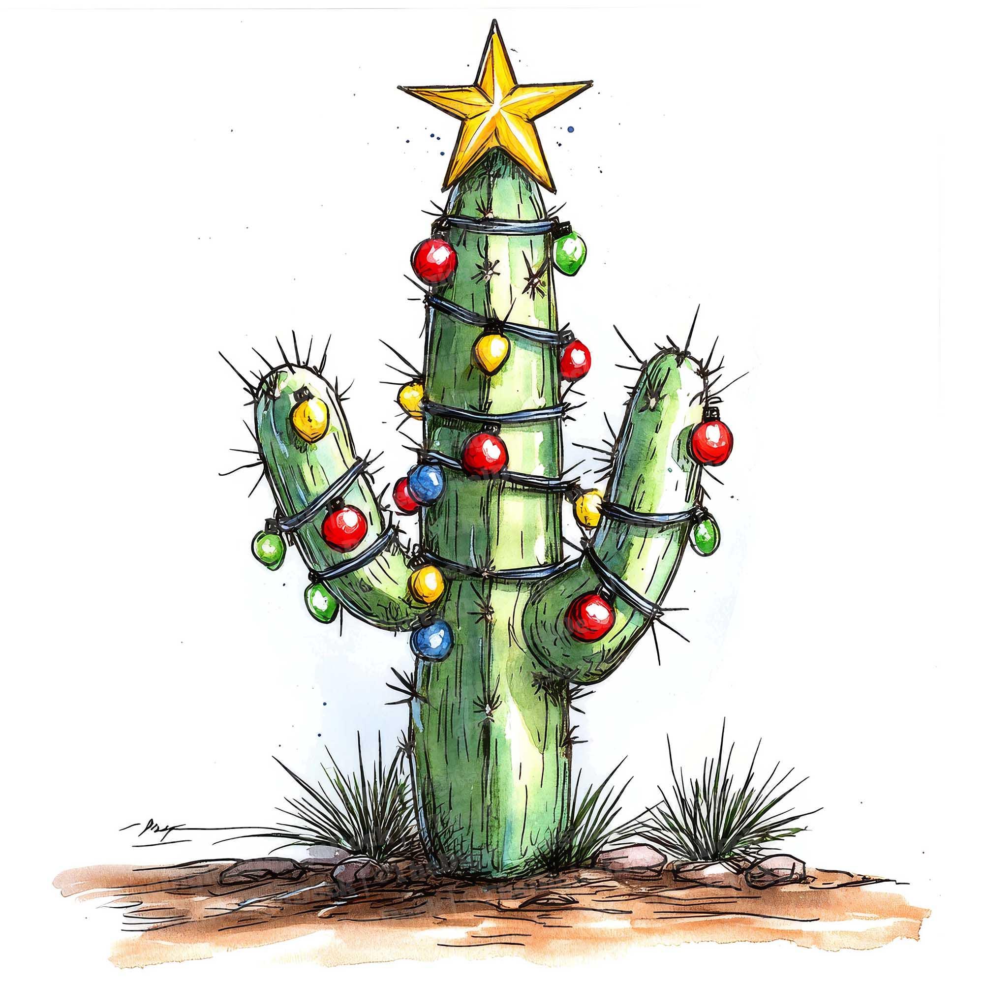 12x Christmas Cactus Tree Clipart, Watercolor Holiday Desert ...