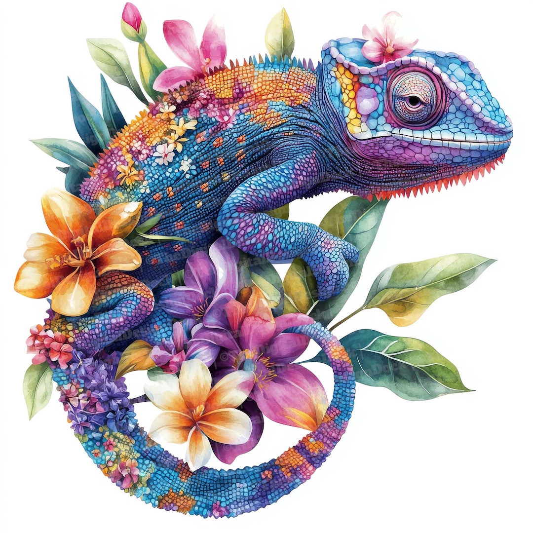 12x Chameleon Clipart, Floral Chameleon Clipart, Printable Watercolor ...