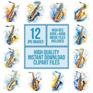 12x Saxophone Clipart, Watercolor Music Instrument Clipart, High ...