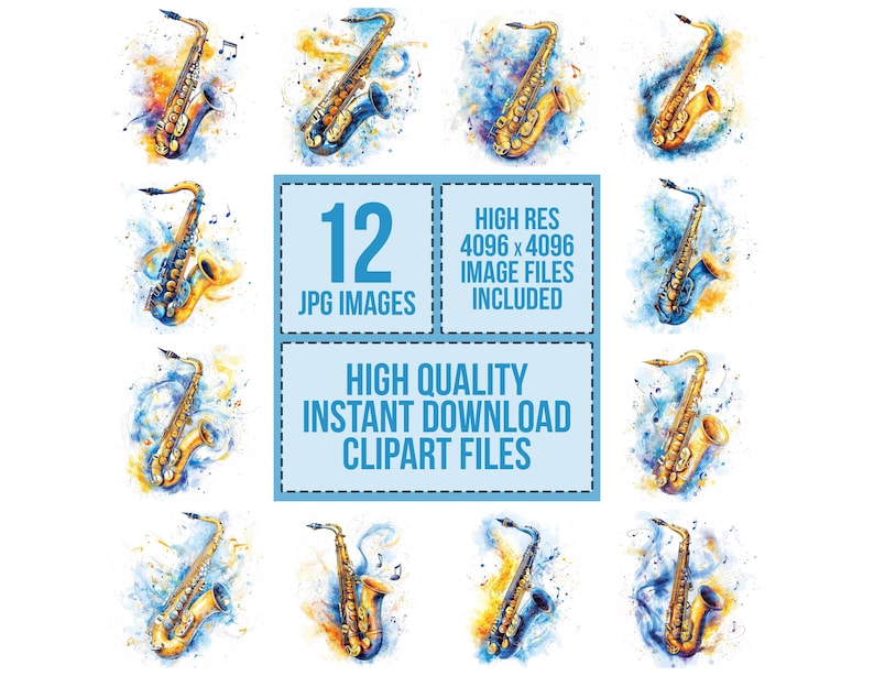 12x Saxophone Clipart, Watercolor Music Instrument Clipart, High ...