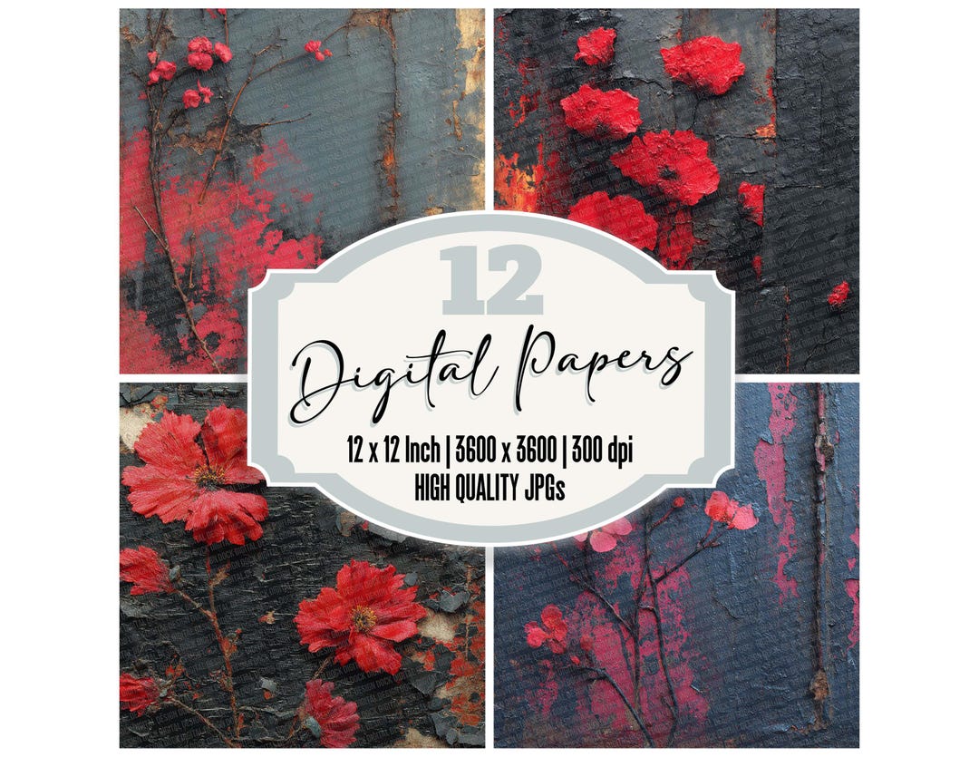 12x Blood Ink Grunge Digital Paper Pack Red Floral on Dark Wall Texture ...