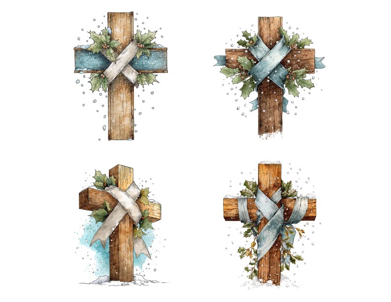 Wooden Cross PNG Clipart, 12x Holly and Snowflake Christmas Cross Clip ...