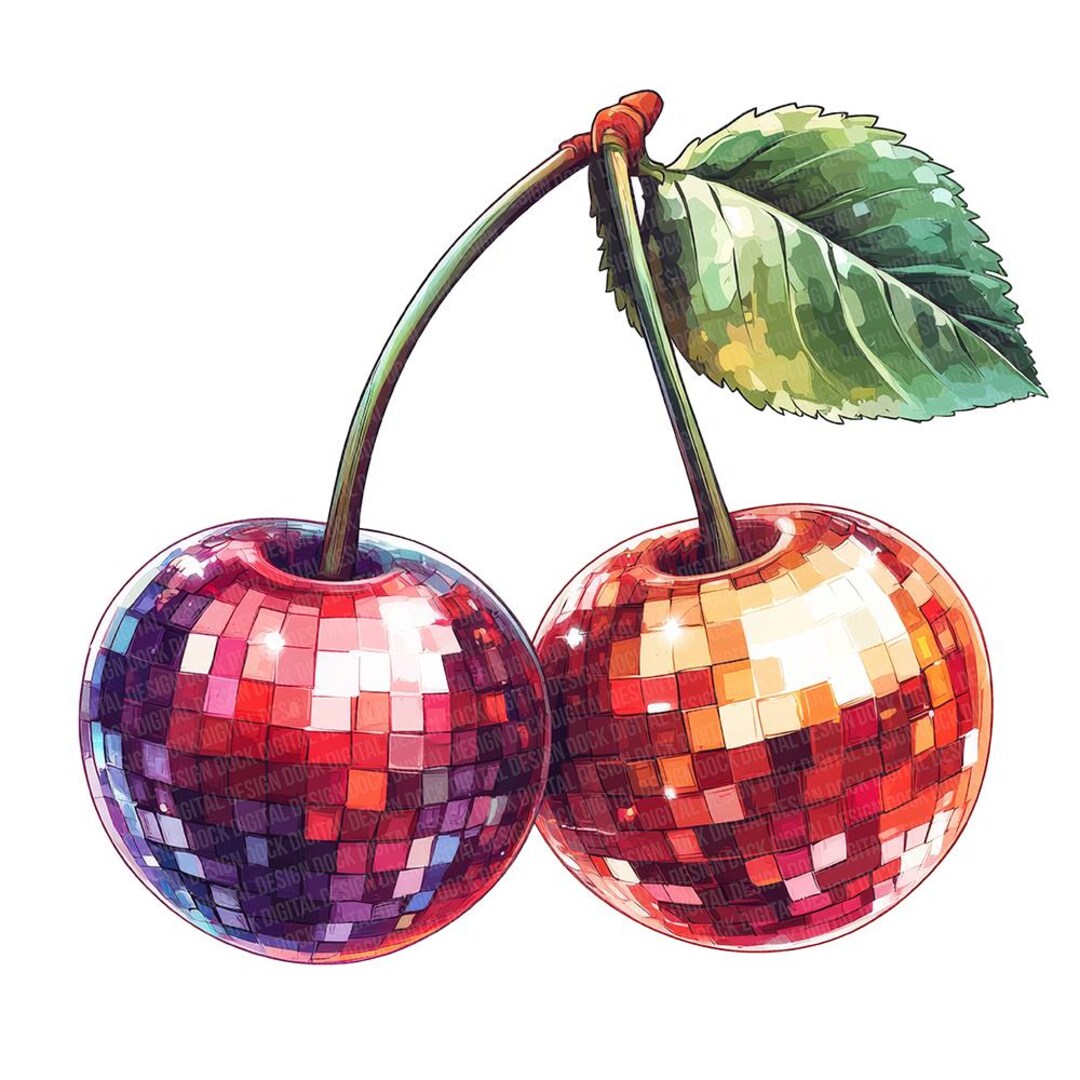 Cherry Disco Ball Clip Art, 12x Funky Fruit PNG Set, Watercolor Digital ...
