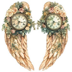 Clock Angel Wings PNG Clipart, 12x Watercolor Vintage Floral Wings Clip ...
