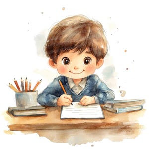 12 School Boy Clipart, Watercolor Studying Child, Cute Classroom Art ...