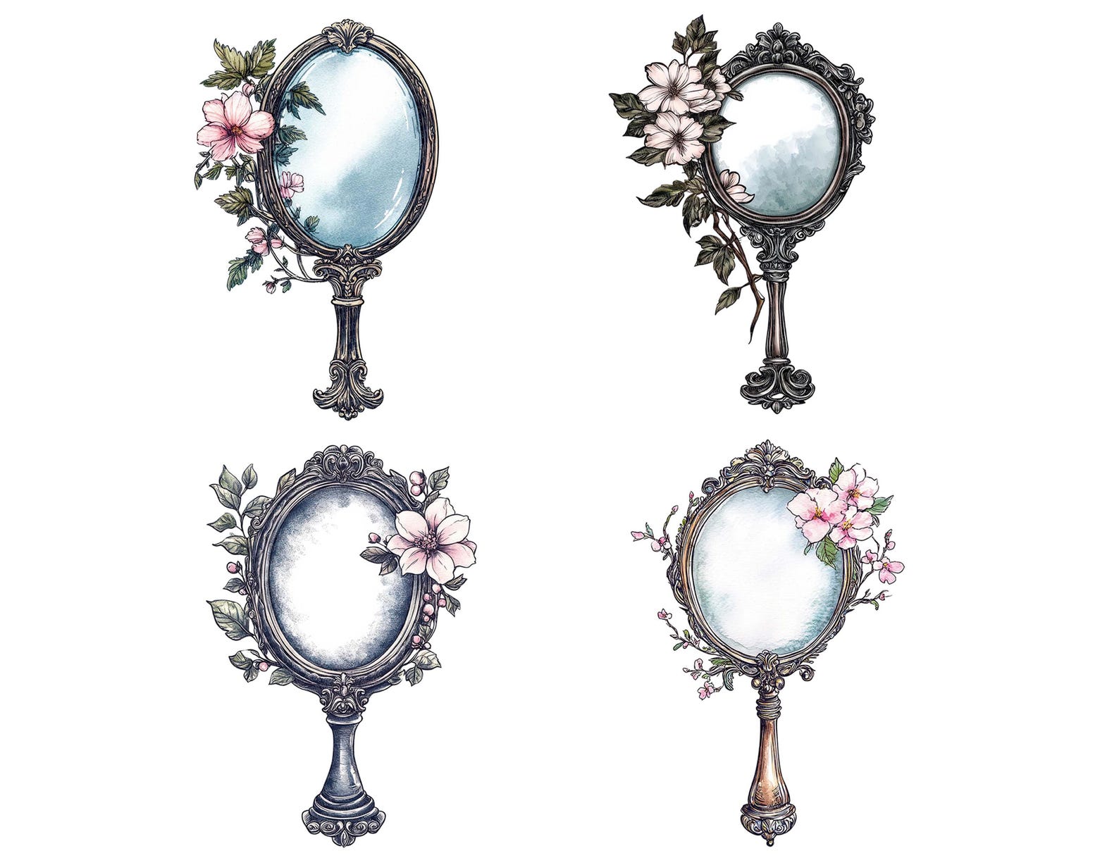 12x Vintage Mirror PNG Clipart, Floral Hand Mirror Clip Art Set ...