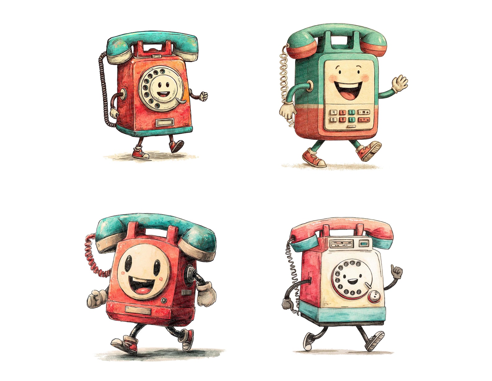 12x Retro Telephone Clipart, Vintage Phone Character Art Set, Printable ...