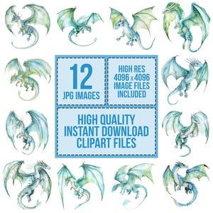 Watercolor Dragon Clip Art, 12x Fantasy Dragon Clipart Set, Printable ...