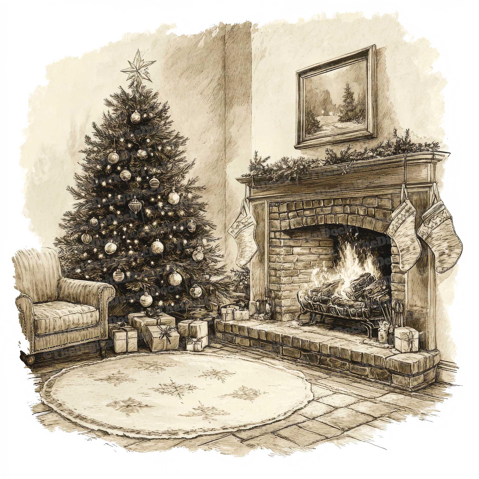 12 Cozy Christmas Scene Clipart, Watercolor Holiday Fireplace ...