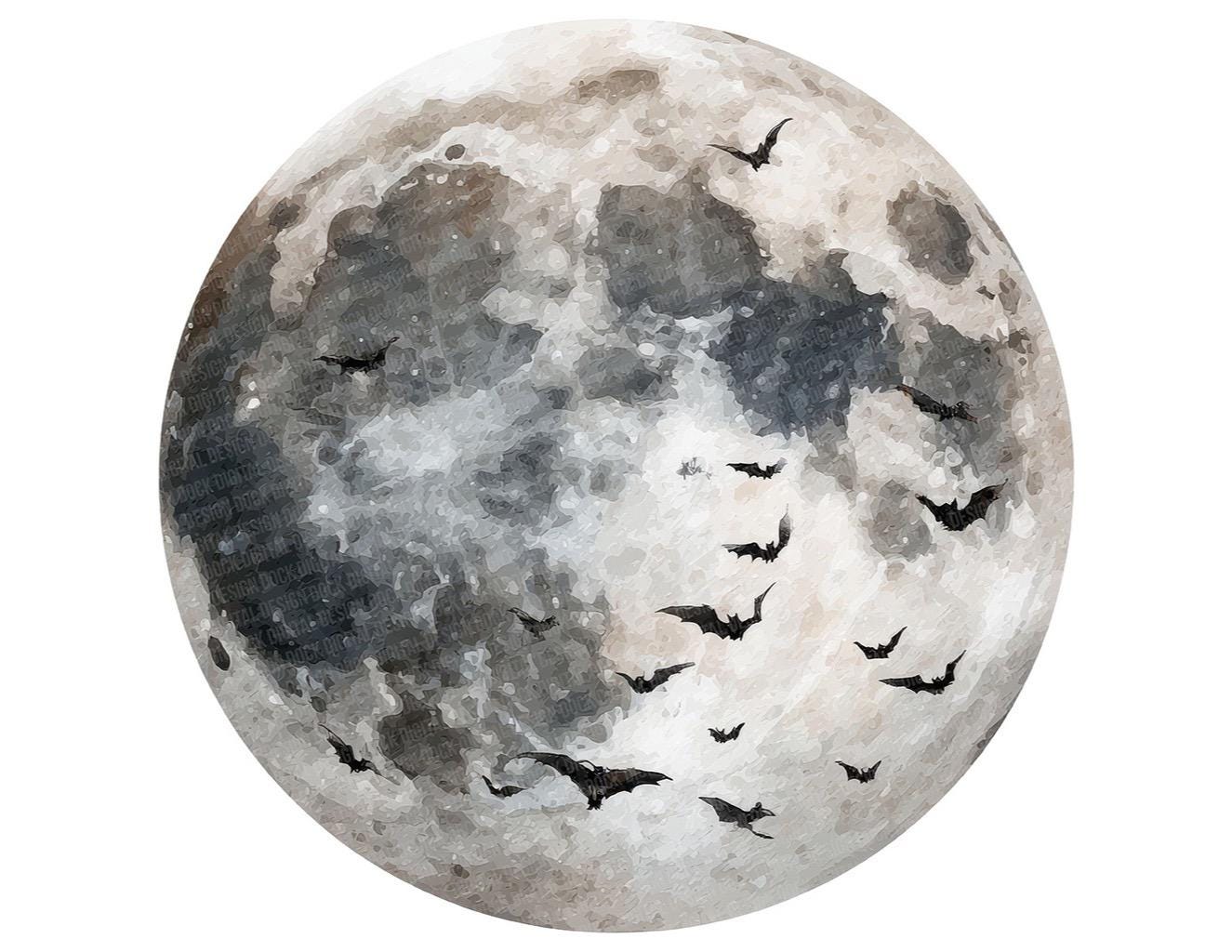 12 Full Moon PNG Clipart With Bat Silhouettes, Halloween Watercolor ...