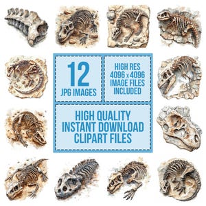 12 Dinosaur Fossil Clipart, Watercolor Prehistoric Skeleton, Printable ...
