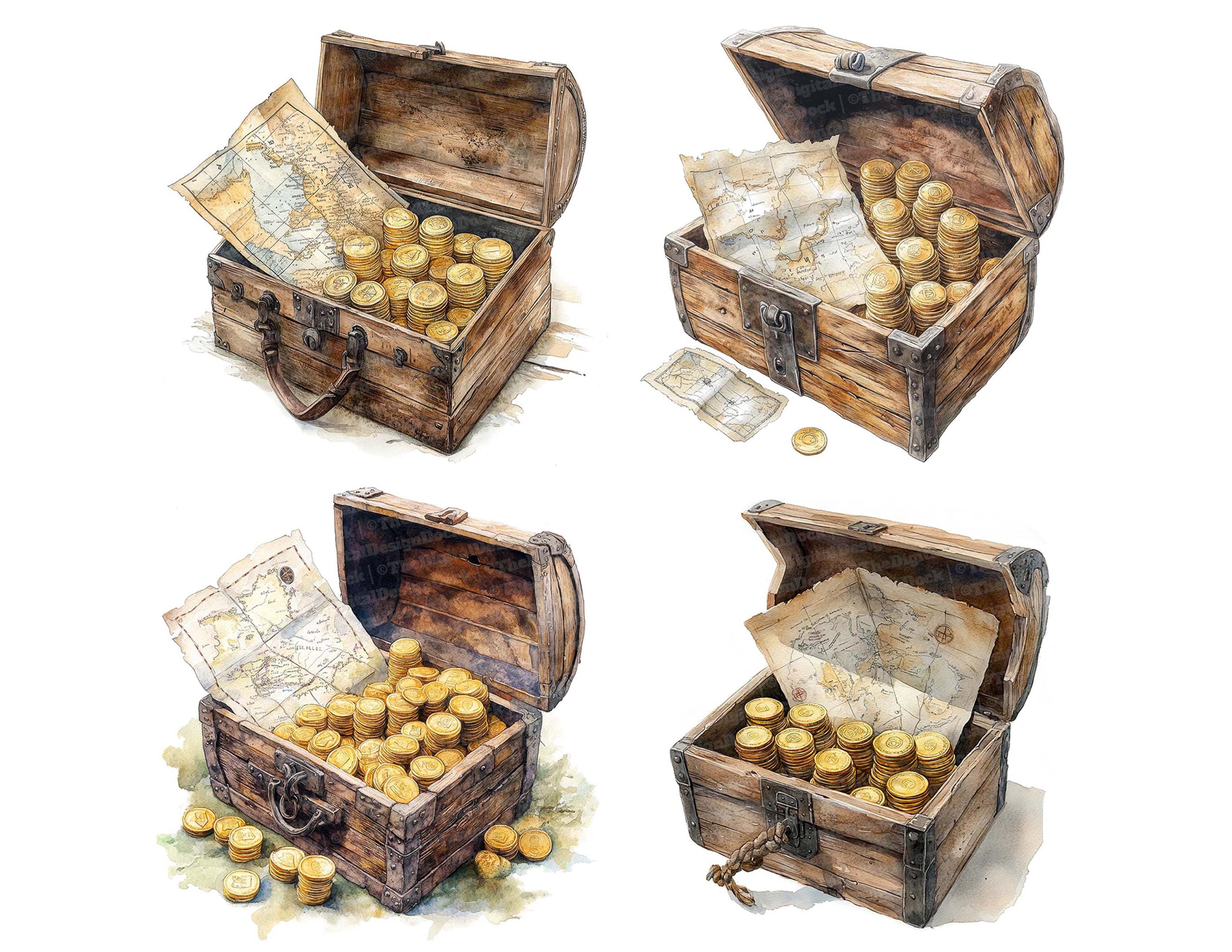 Treasure Map Chest Clip Art, 12x Gold Coins Maps Clipart Set, Printable ...
