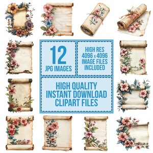 12x Watercolor Vintage Scroll Clipart, Floral Antique Paper Art, Printable Clipart, High Quality ...