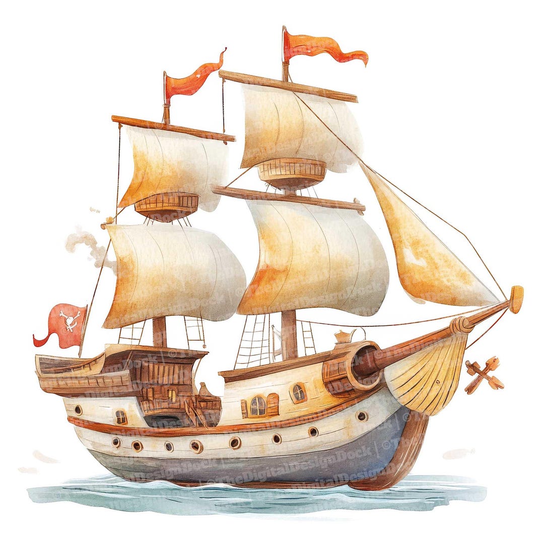 Pirate Ship Clip Art, 12x Watercolor Pirate Boat Clipart Set, Printable ...