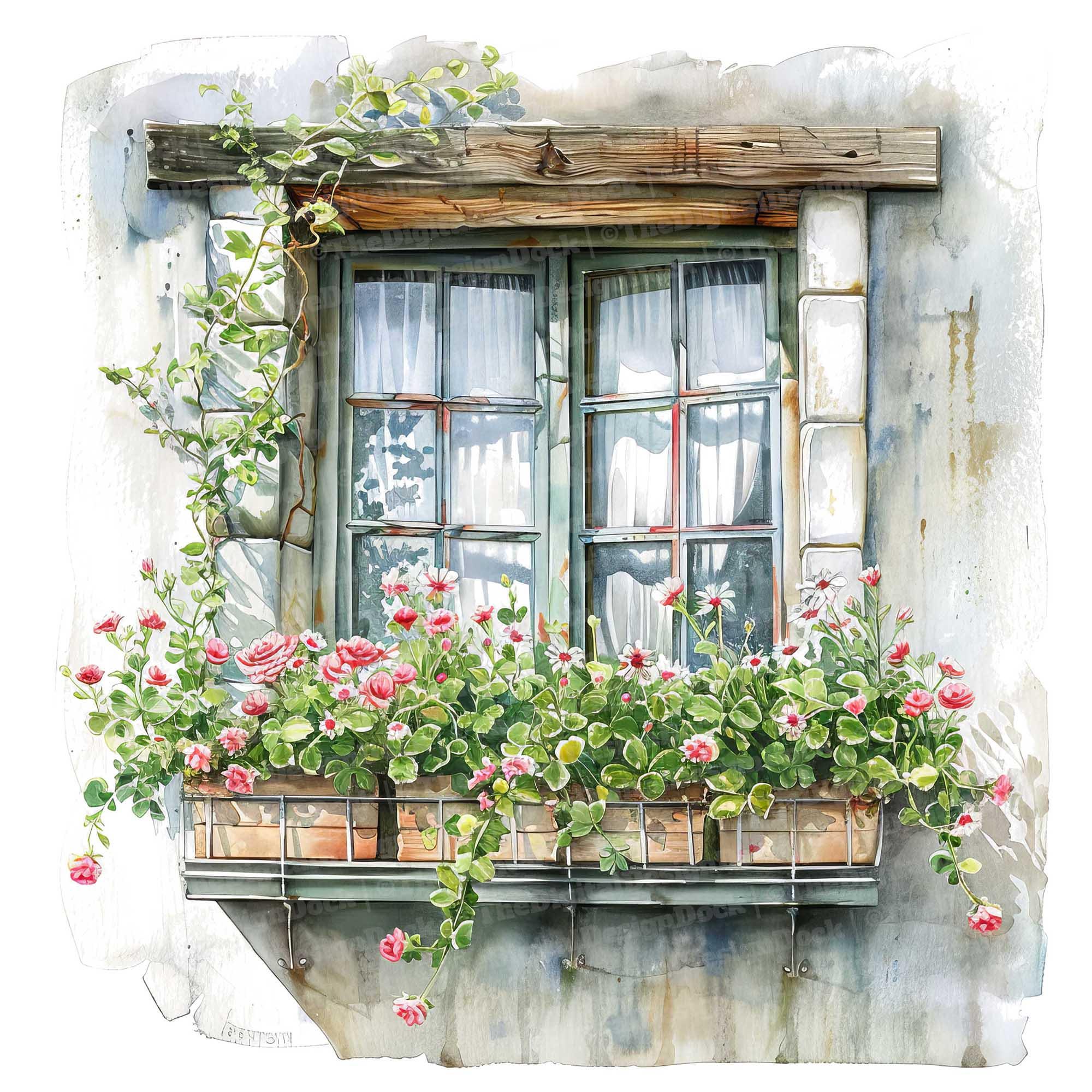 12 Rustic Window Clipart, Watercolor Flower Window Box Clipart ...