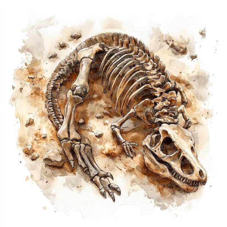 12 Dinosaur Fossil Clipart, Watercolor Prehistoric Skeleton, Printable ...