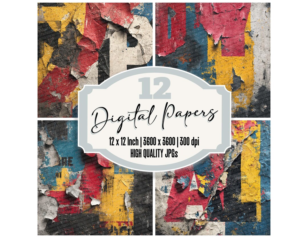 12x Brutalist Poster Junk Journal Paper Red Blue Peel Texture Digital ...
