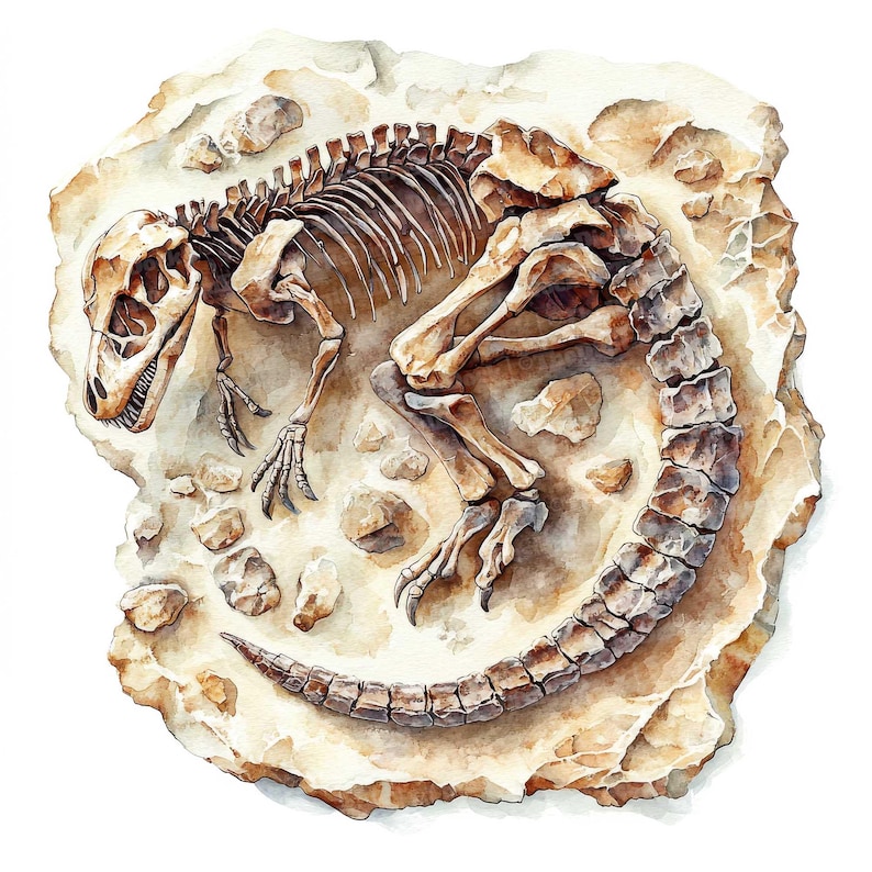 12 Dinosaur Fossil Clipart, Watercolor Prehistoric Skeleton, Printable ...