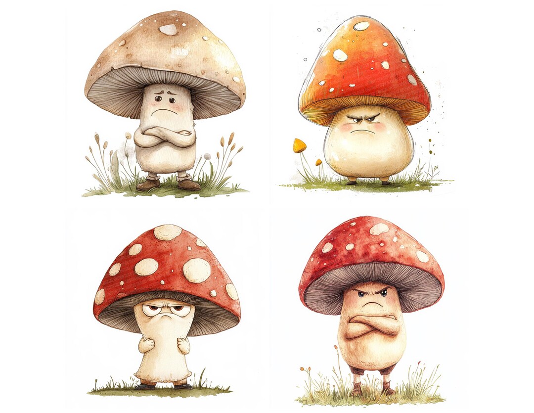 12x Angry Toadstool PNG Clipart, Watercolor Grumpy Mushroom PNG Set ...