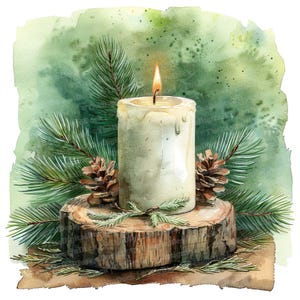 12 Winter Candle Clipart, Watercolor Pinecone Candle Clipart, Printable ...