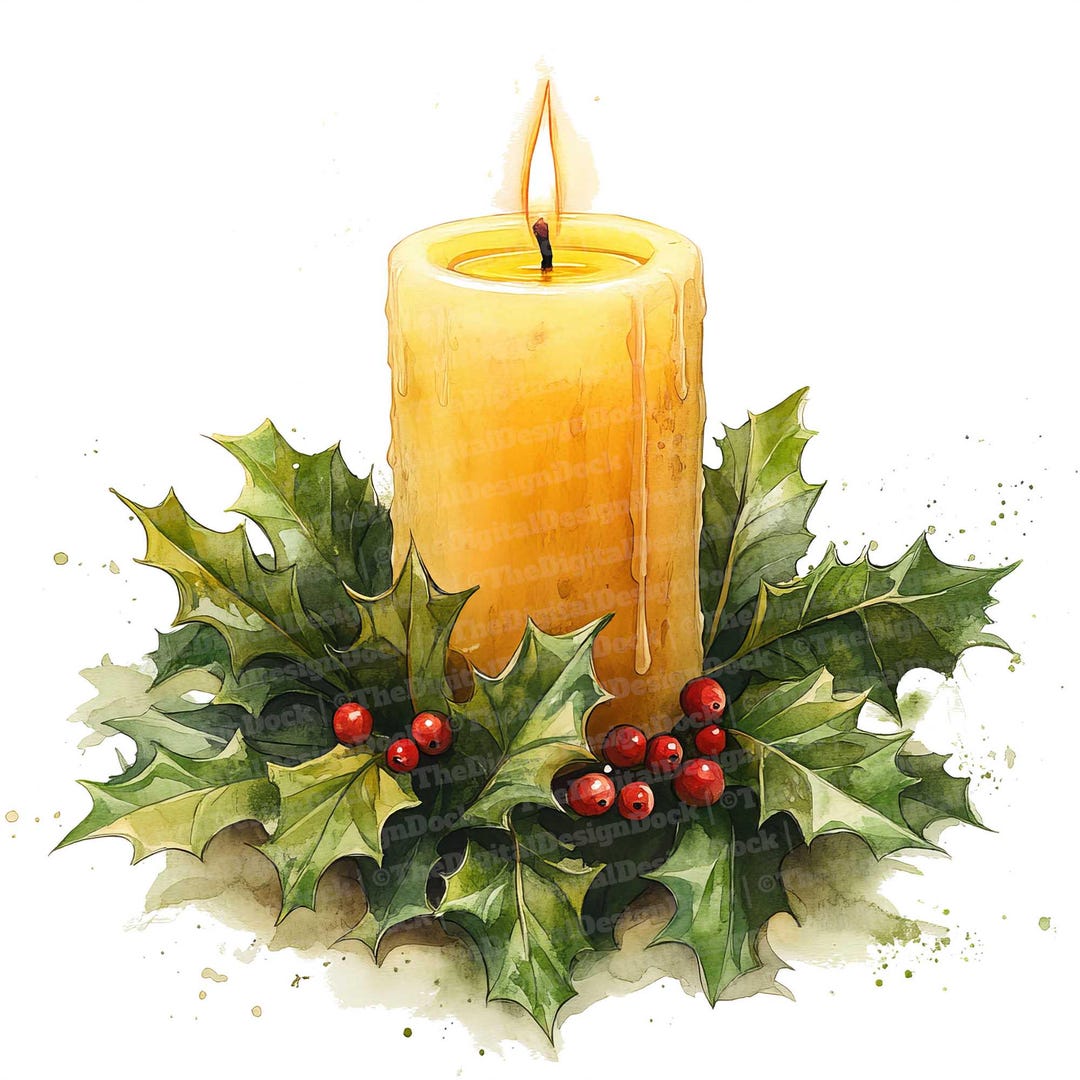 12 Christmas Candle Clipart, Watercolor Holly Leaves and Berries ...