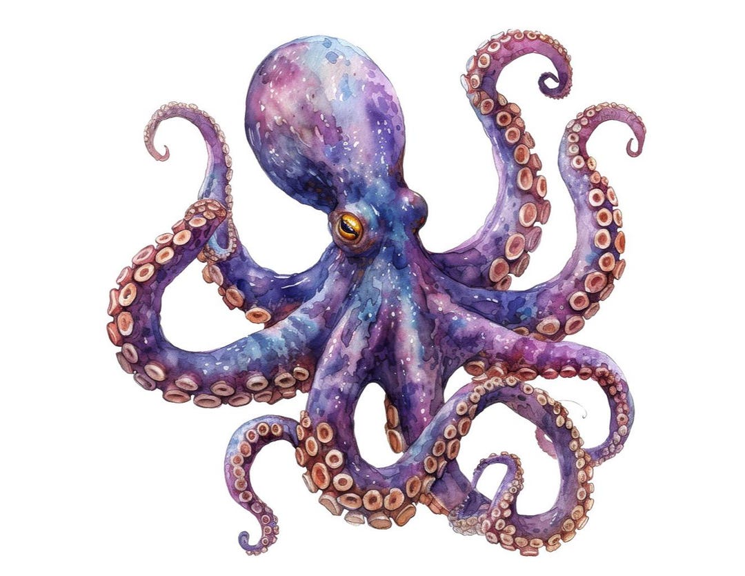Octopus Clipart, 12x Watercolor Ocean Creature PNG Set, Printable Sea ...