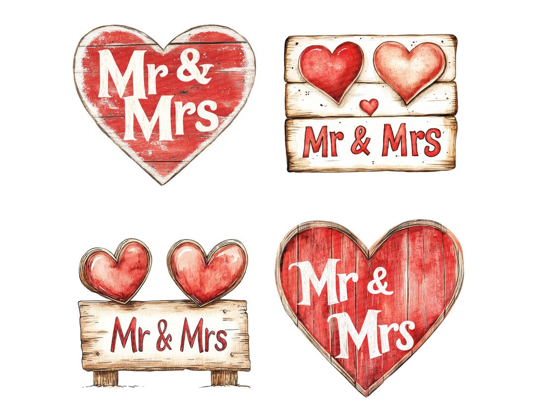 Mr & Mrs Heart PNG Clipart, 12x Rustic Wedding Clip Art Set, Wooden ...