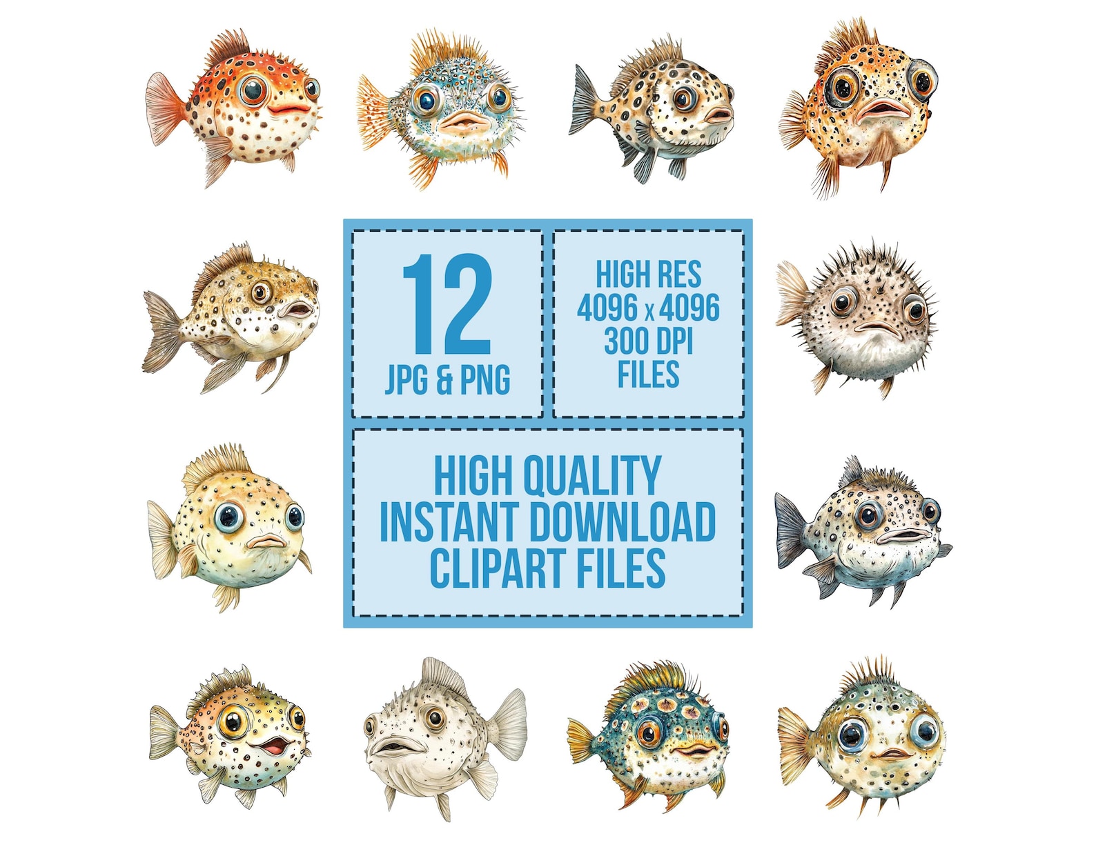 Pufferfish PNG Clipart, 12x Watercolor Fish Illustration Set, Ocean ...