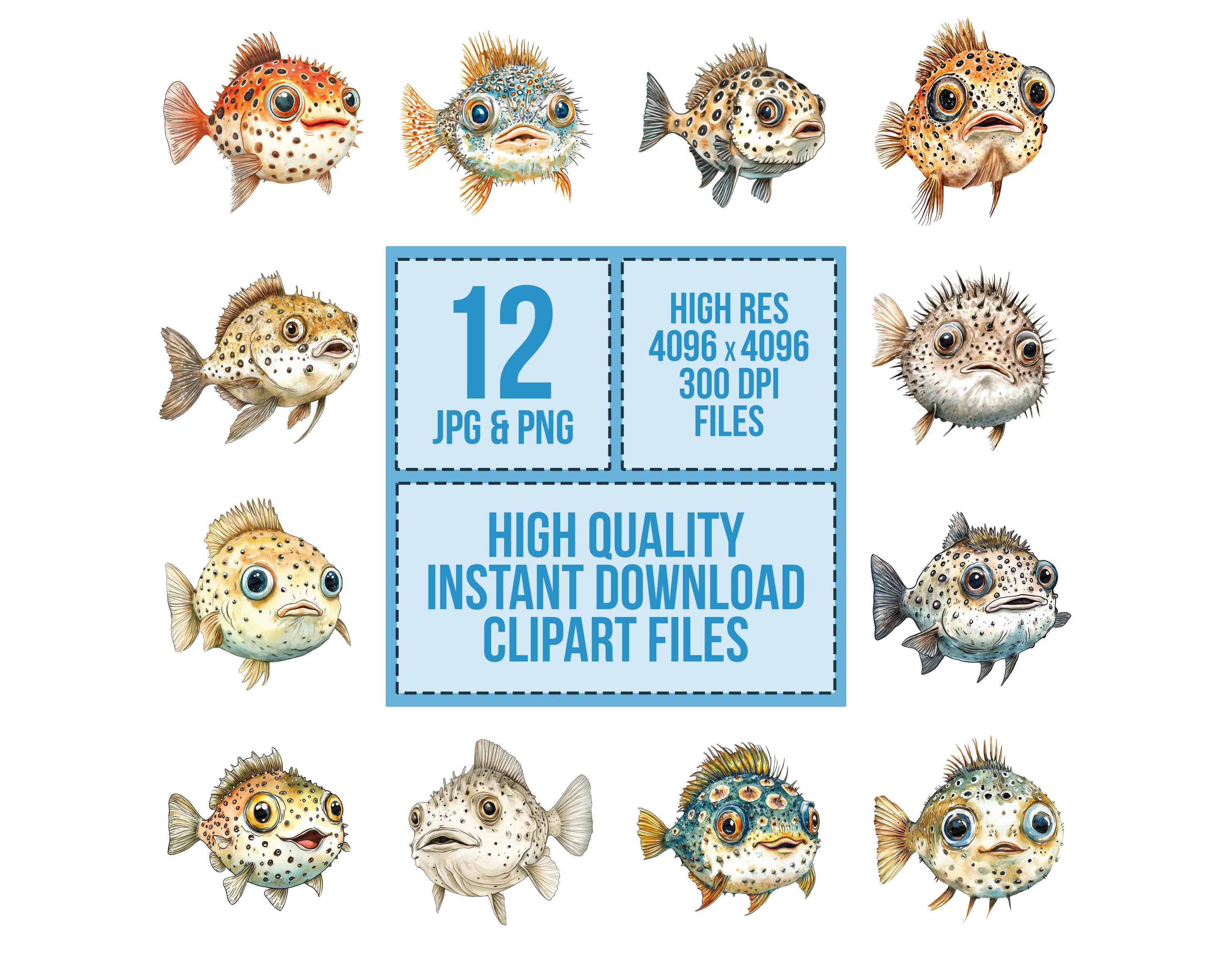 Pufferfish PNG Clipart, 12x Watercolor Fish Illustration Set, Ocean ...