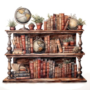 12x Antique Bookshelf Clipart, Reading Books Clipart, Printable ...