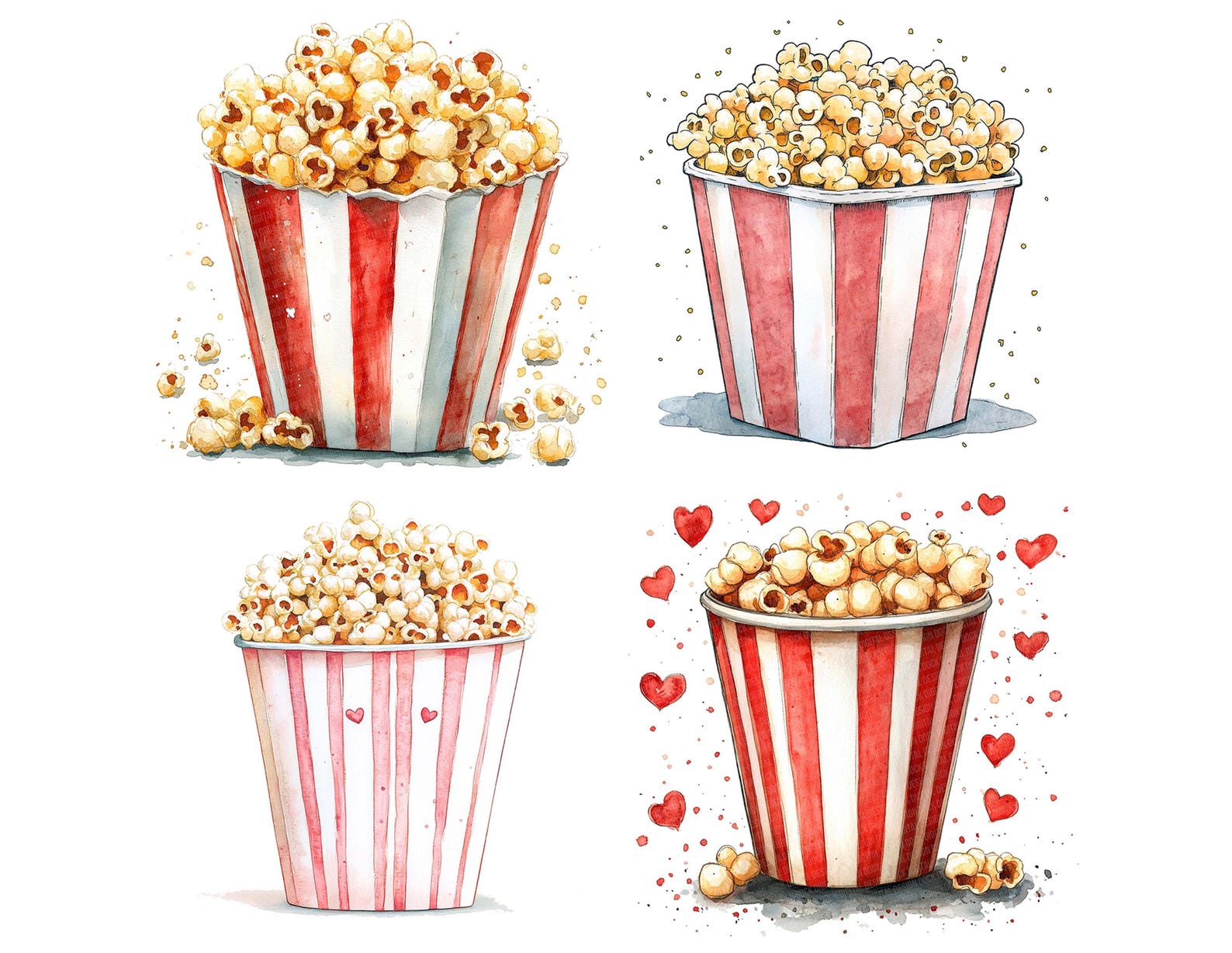 Popcorn Bucket PNG Clipart, 12x Watercolor Movie Snack Clip Art Set ...