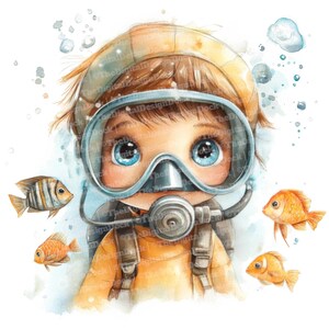 Scuba Diver Kid Clip Art, 12x Underwater Adventure Watercolor Clipart ...