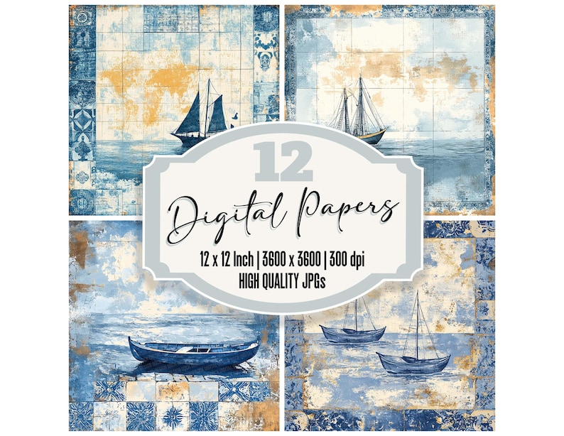 12x Portugal Tiles Junk Journal Paper Nautical Boat Digital Paper Pack ...