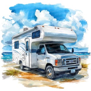 12 Camper Van Clipart, Watercolor RV on Beach, Summer Travel Clipart ...