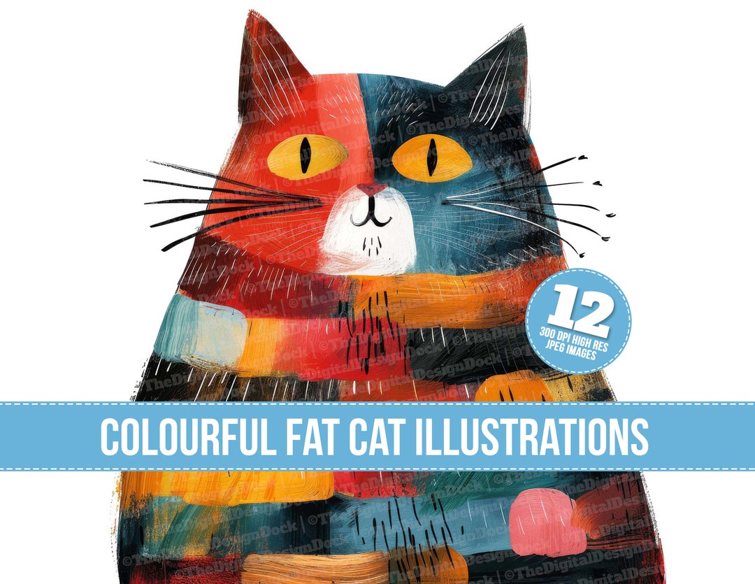 Colourful Fat Cats Clipart, 12 Jpgs, Cartoon Cat Clip Art, Printable ...