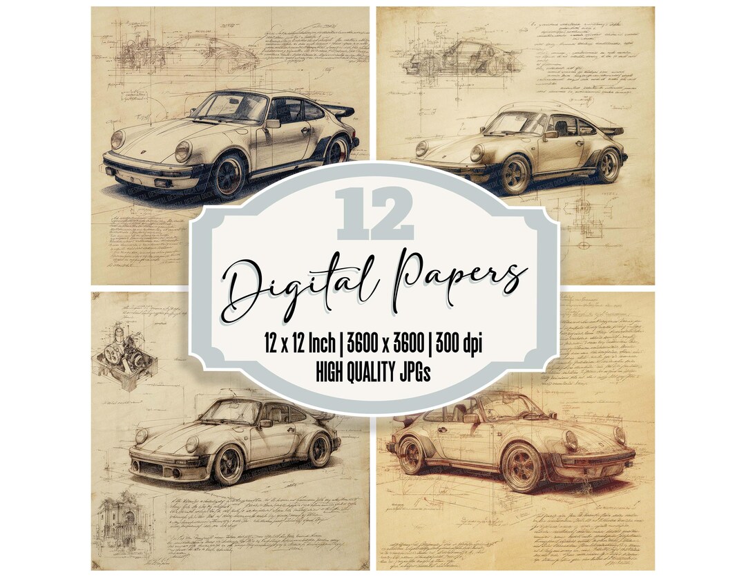 12 Sports Car Digital Paper Vintage Junk Journal Paper Iconic Car ...