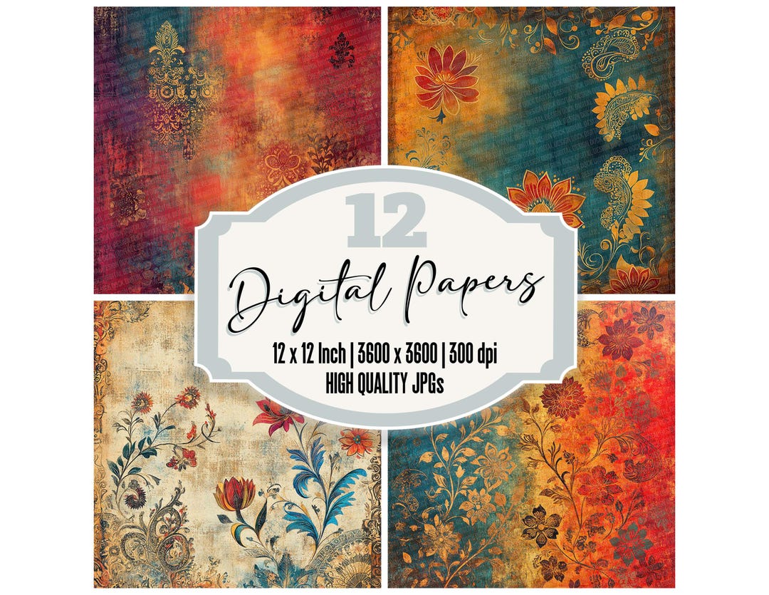 12x India Luxe Junk Journal Paper Vintage Digital Paper Pack Distressed ...