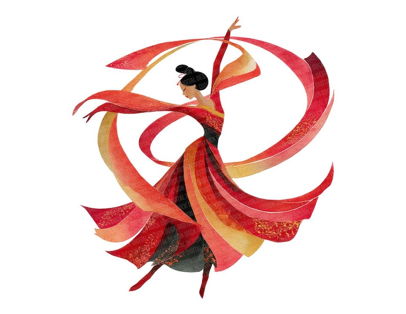 12x Flowing Ribbon Dance Clipart, Watercolor Traditional Dancer Clip ...