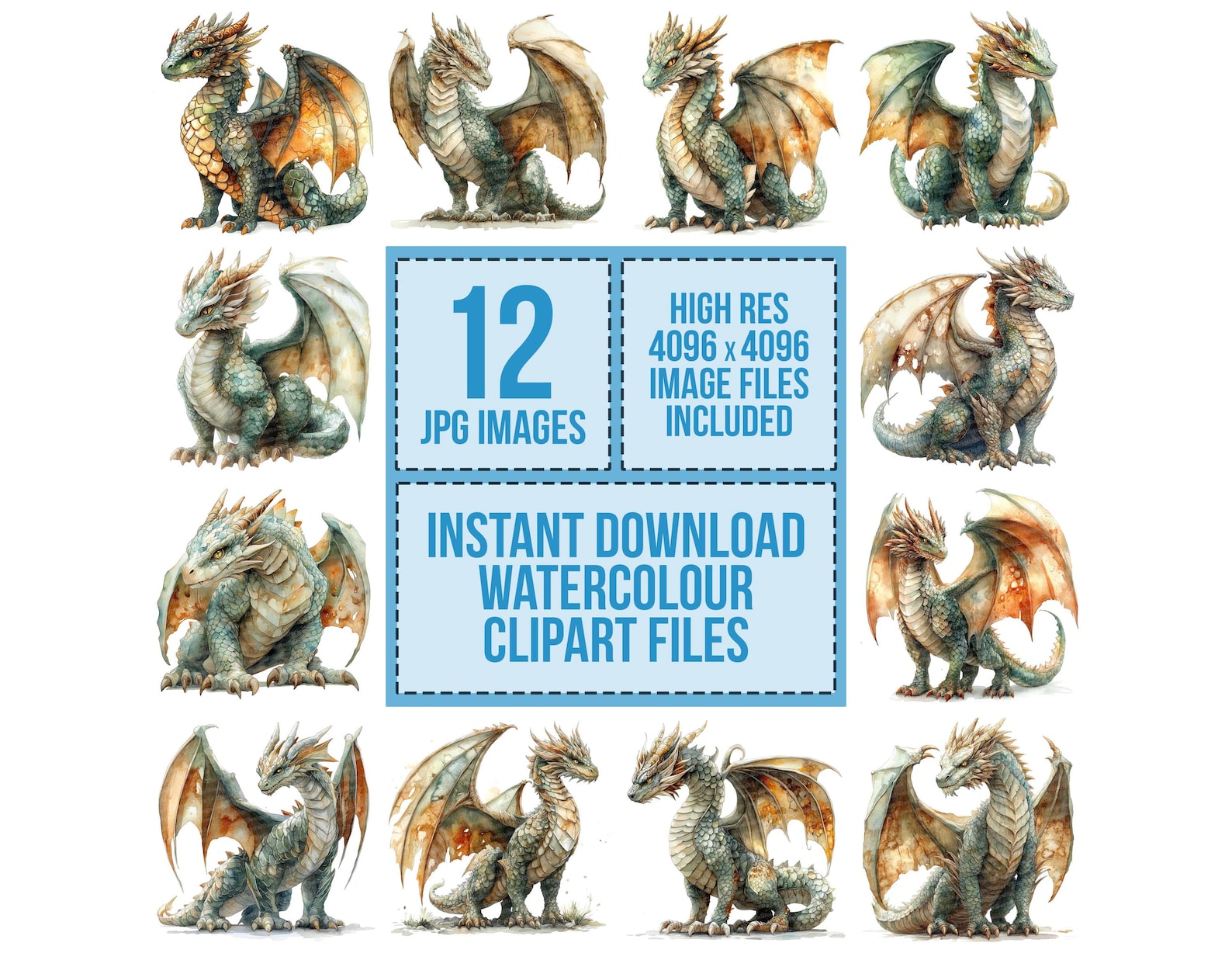 12 Medieval Dragon Clipart, Watercolor Fantasy Dragon Clipart ...