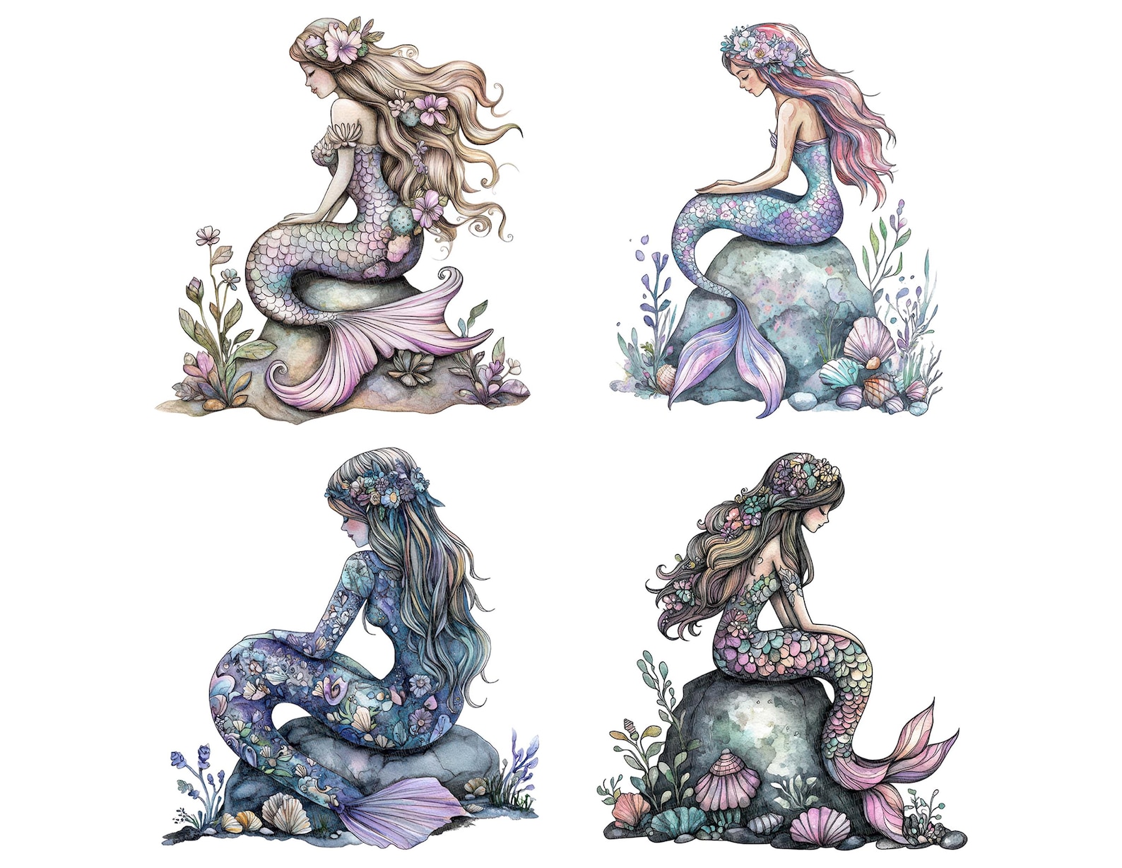 Folk Mermaid Clip Art, 12x Mermaid on Rock PNG Clipart Set, Watercolor ...
