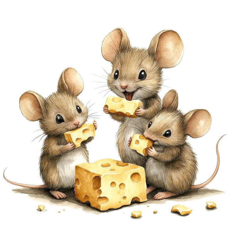 Mouse Family PNG Clipart, 12x Watercolor Mice With Cheese Clip Art Set ...