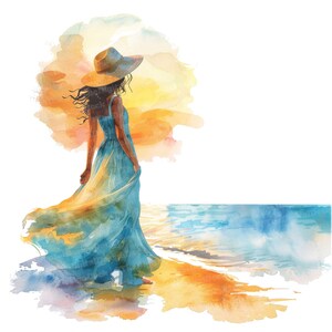 Beach Woman Clipart, 12 Jpgs, Sunset Watercolor Clipart, Printable ...