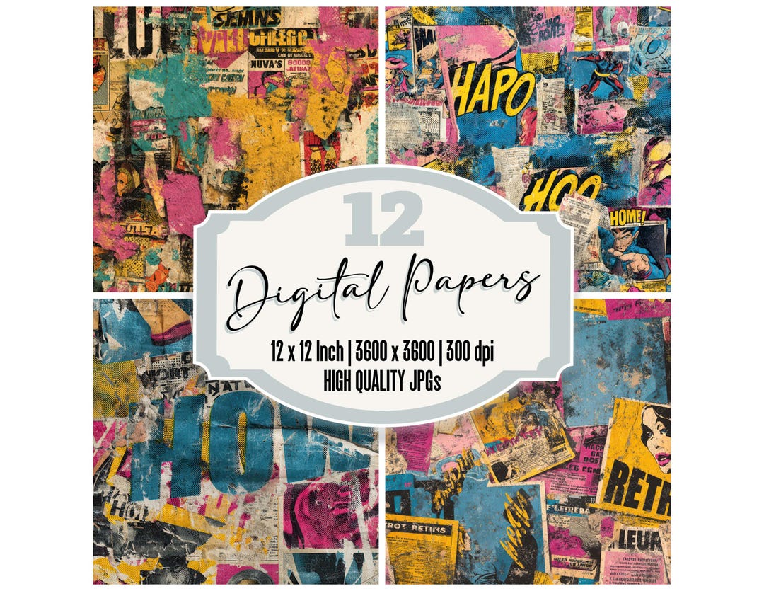 12x Comic Ad Collage Junk Journal Paper Pop Art Grunge Digital Paper ...