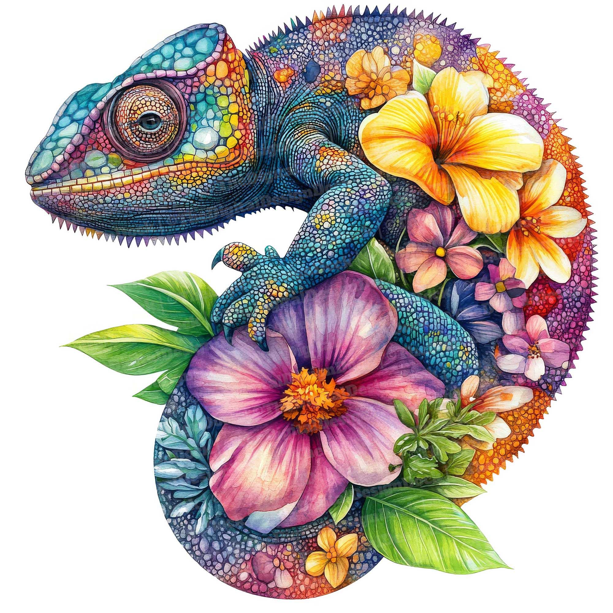 12x Chameleon Clipart, Floral Chameleon Clipart, Printable Watercolor ...