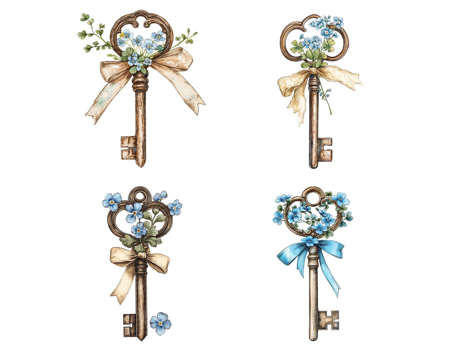 12x Ornate Key PNG Clipart, Antique Key With Flowers Clip Art Set ...