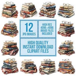 12 Vintage Books Clipart, Watercolor Stack of Books Illustration ...