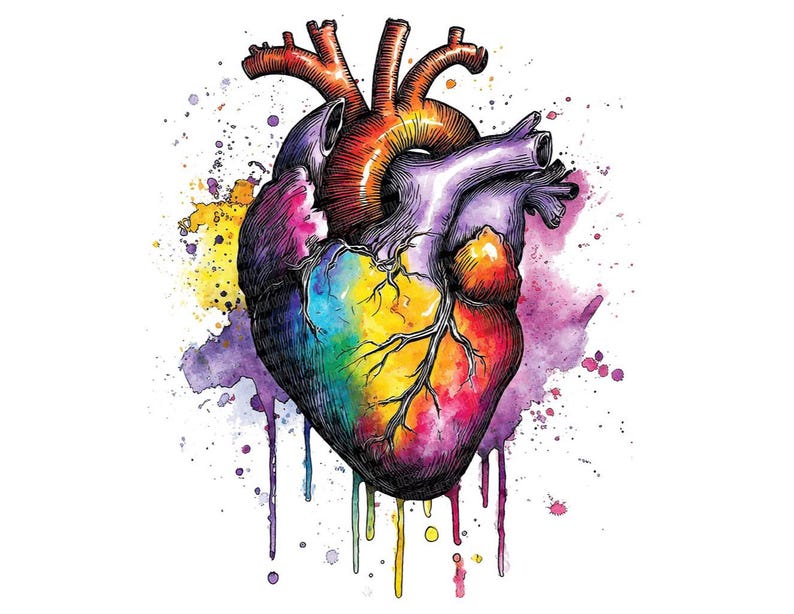 Neon Heart Clipart, 12x Anatomical Heart Art Set, Printable Watercolor ...