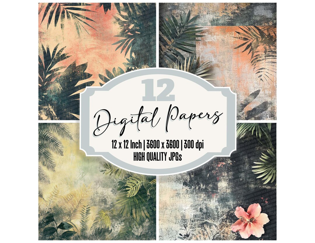 12 Vintage Tropical Digital Papers, Distressed Jungle Junk Journal ...