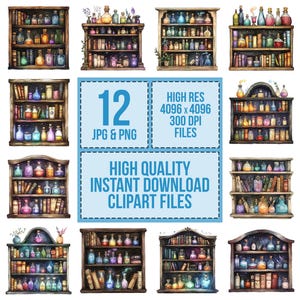 Potion Shelf PNG Clipart, 12x Watercolor Magic Bookshelf Clip Art Set ...